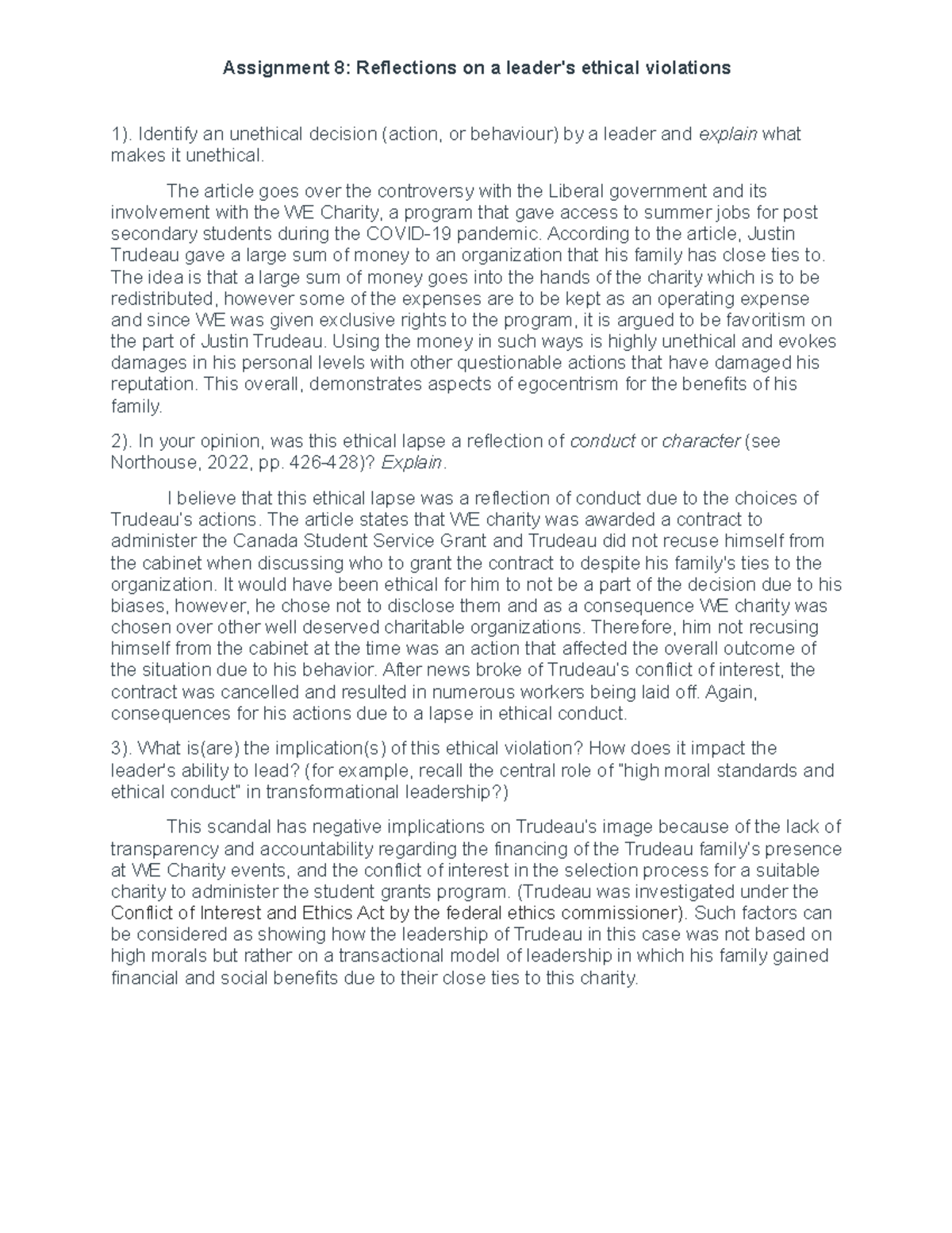 Assignment 8 Reflections on a leader's ethical violations - Assignment ...