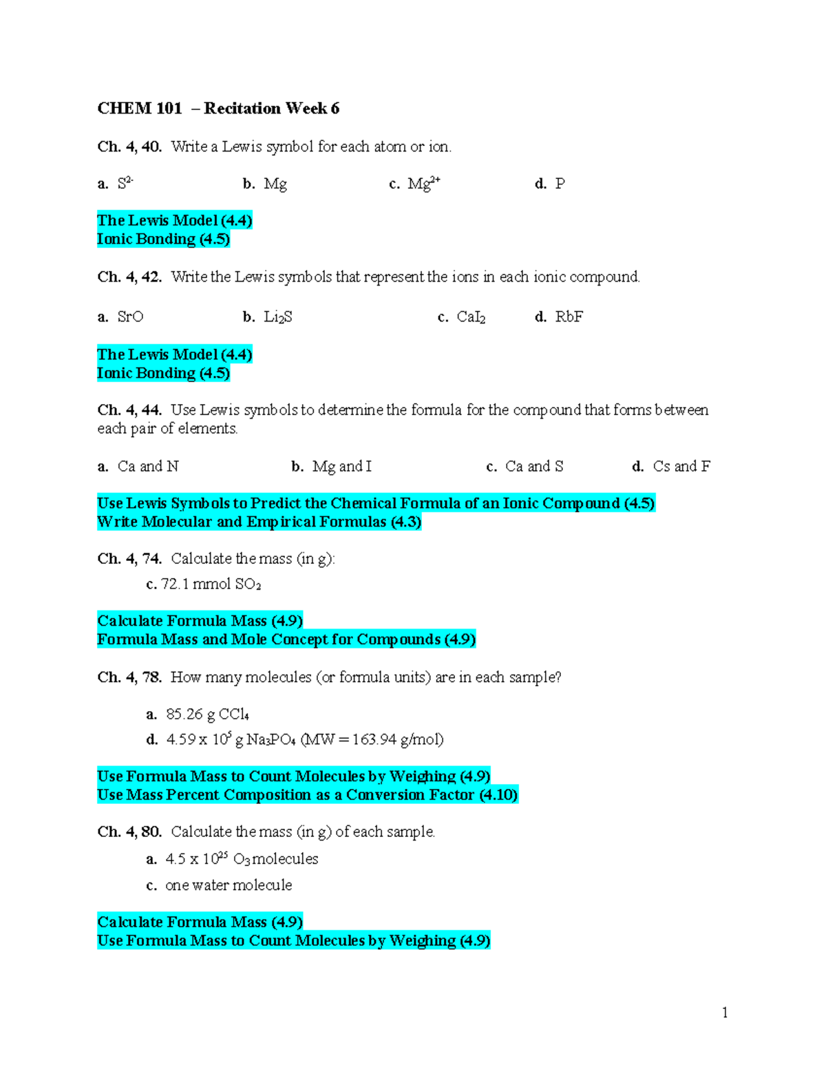CHEM 101 Recitation Week 6 - CHEM 101 – Recitation Week 6 Ch. 4, 40 ...