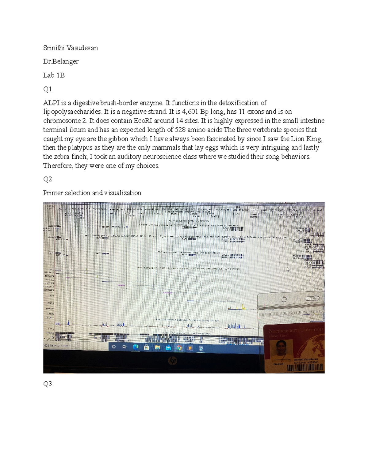 Lab 1B - First lab that follows chapter 1 of the biochem course - Srinithi Vasudevan Dr Lab 1B ...