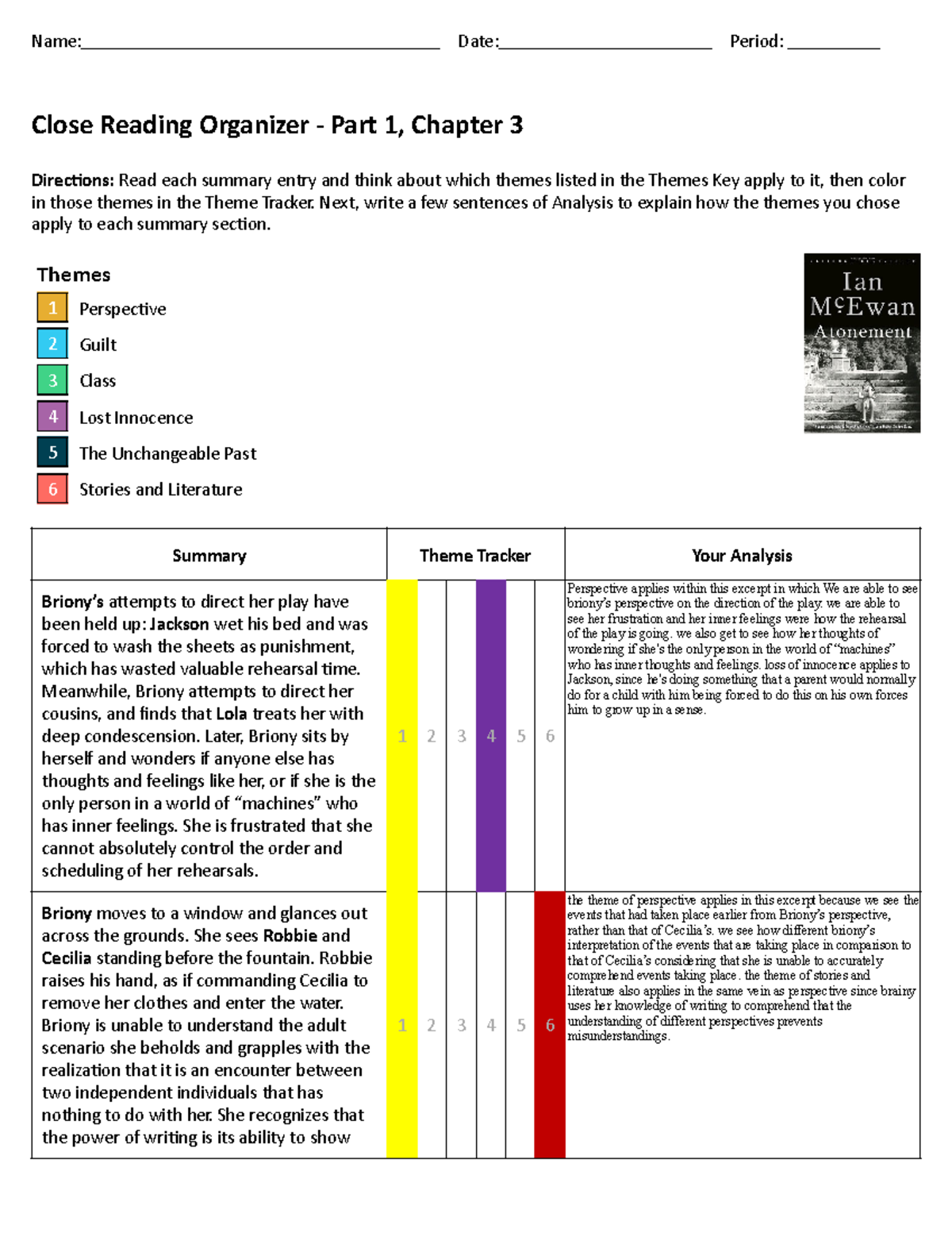 1. Close Reading Organizer Part 1, Chapter 3 - Name: Date: Period ...