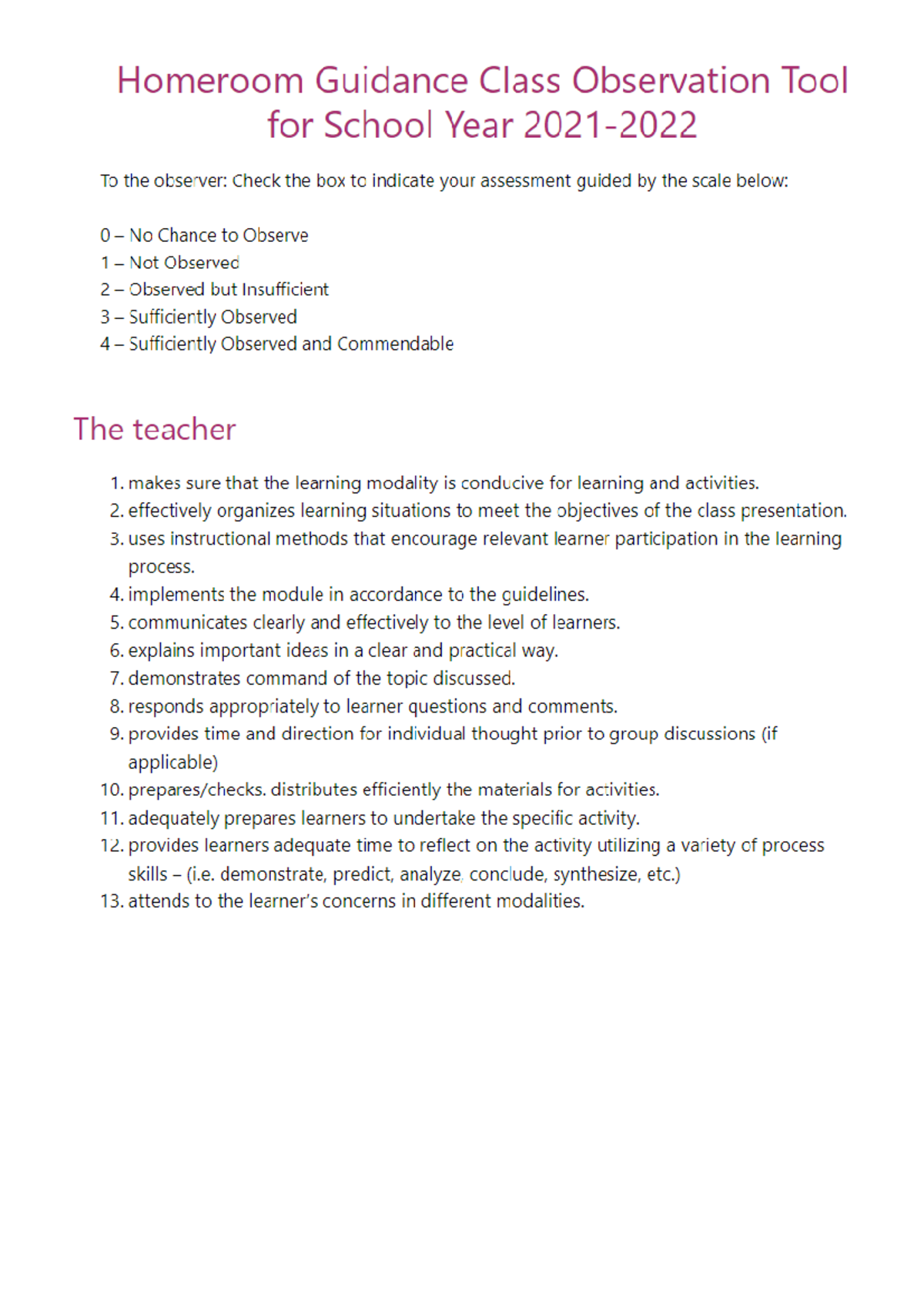 Classroom Observation Tool - Education - Studocu