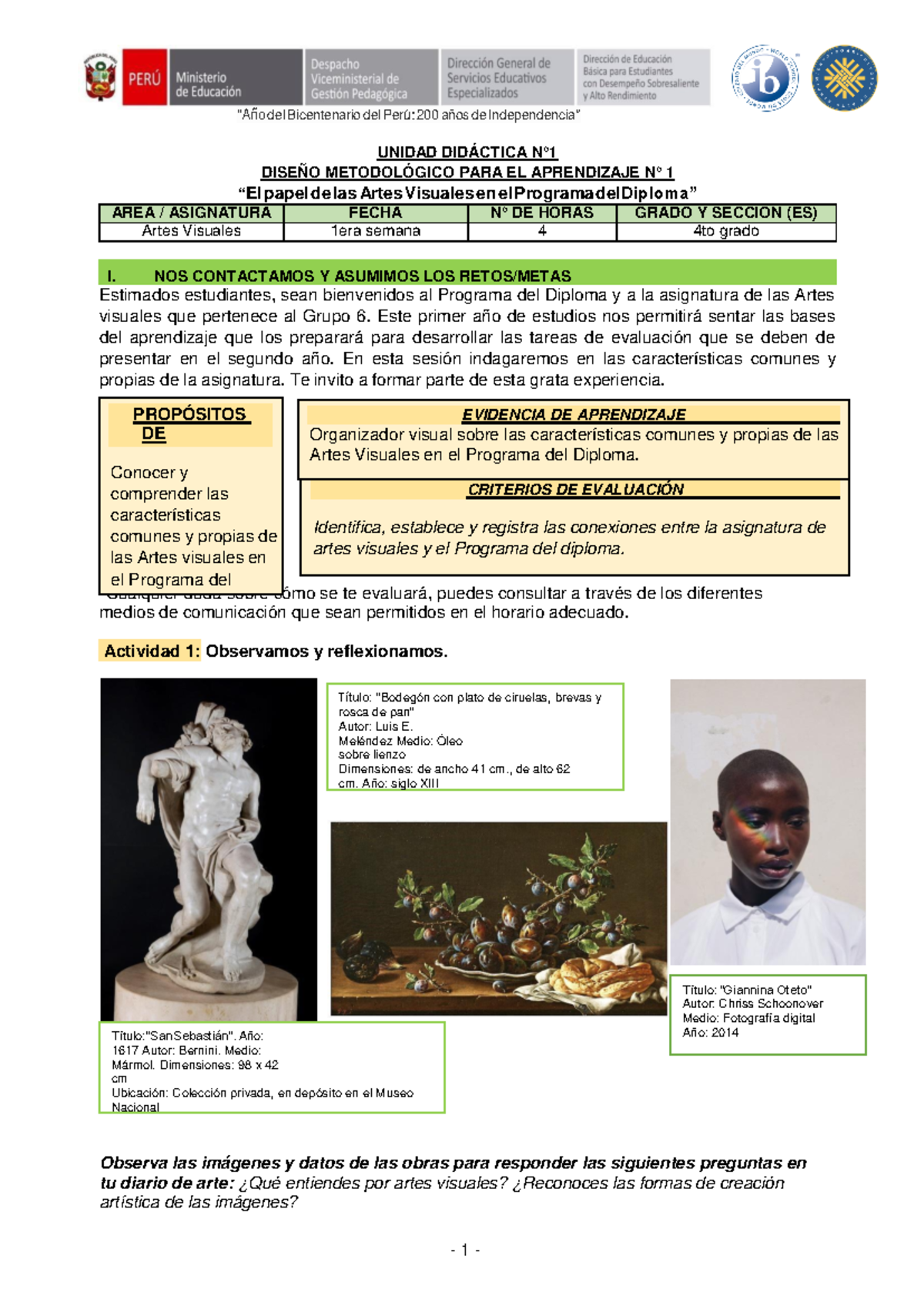 Diseño de aprendizaje 1 - 1 - Título: “Giannina Oteto” Autor: Chriss ...