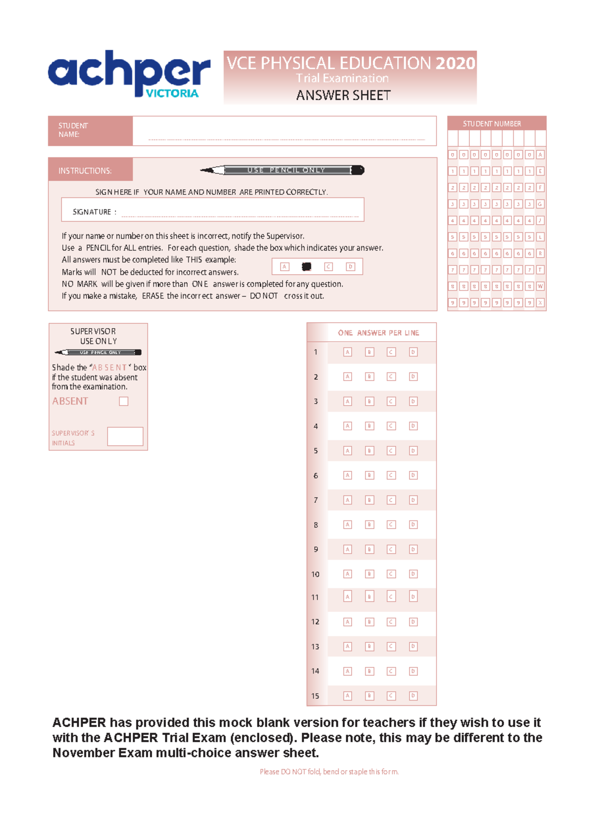 2020 Achper VCE PE U1 Multichoice Answer Sheet - Studocu