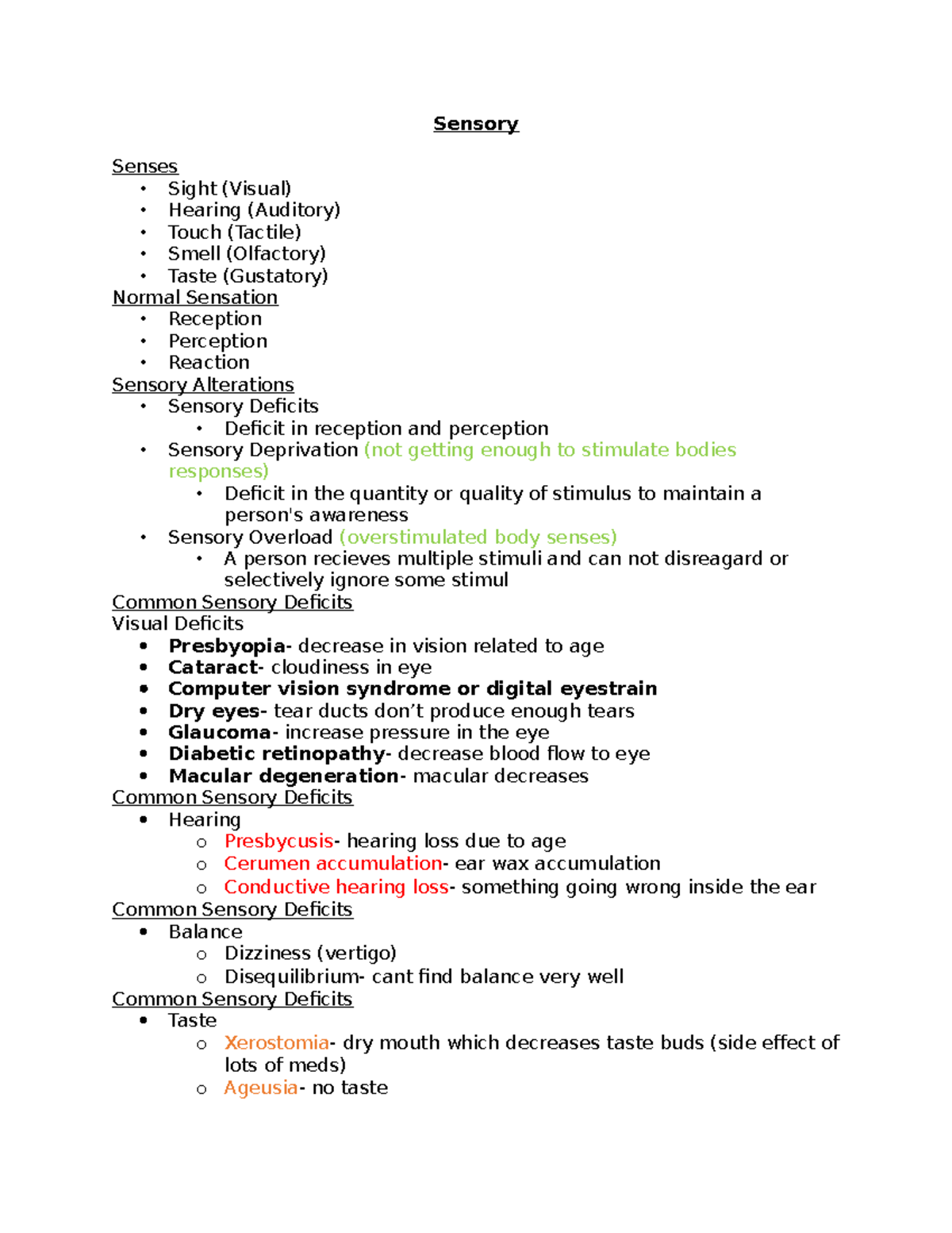 Sensory - Notes - Sensory Senses - Sight (Visual) - Hearing (Auditory ...