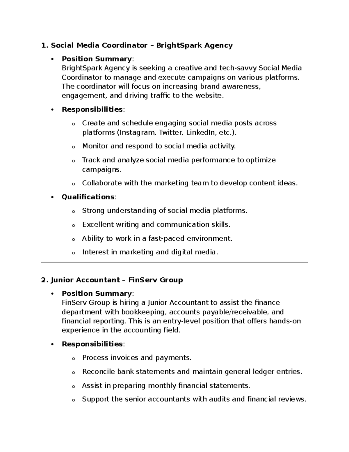 Job Decription - idk - 1. Social Media Coordinator – BrightSpark Agency ...