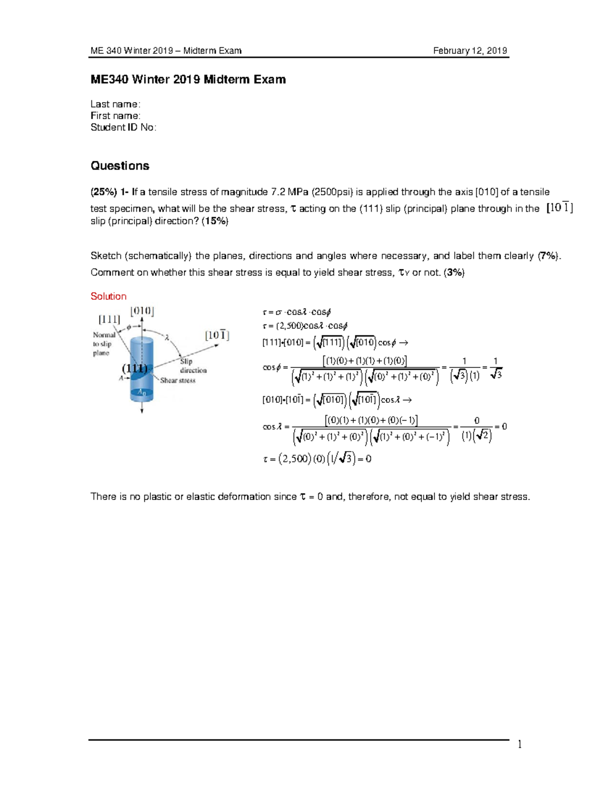 ME340 Winter 2019 Midterm Exam Solution - ME340 Winter 2019 Midterm Exam Last name: First name ...