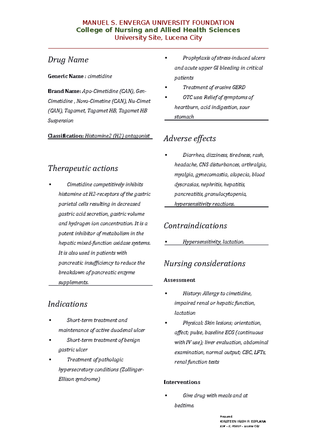 Cimetidine - DRUG Study - MANUEL S. ENVERGA UNIVERSITY FOUNDATION ...