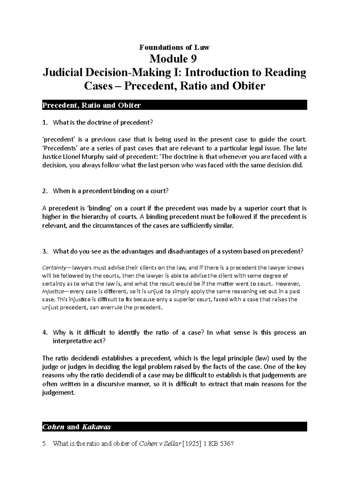 A22 FOL 9 - Precedent - cheat sheet for costa's class - Foundations of ...