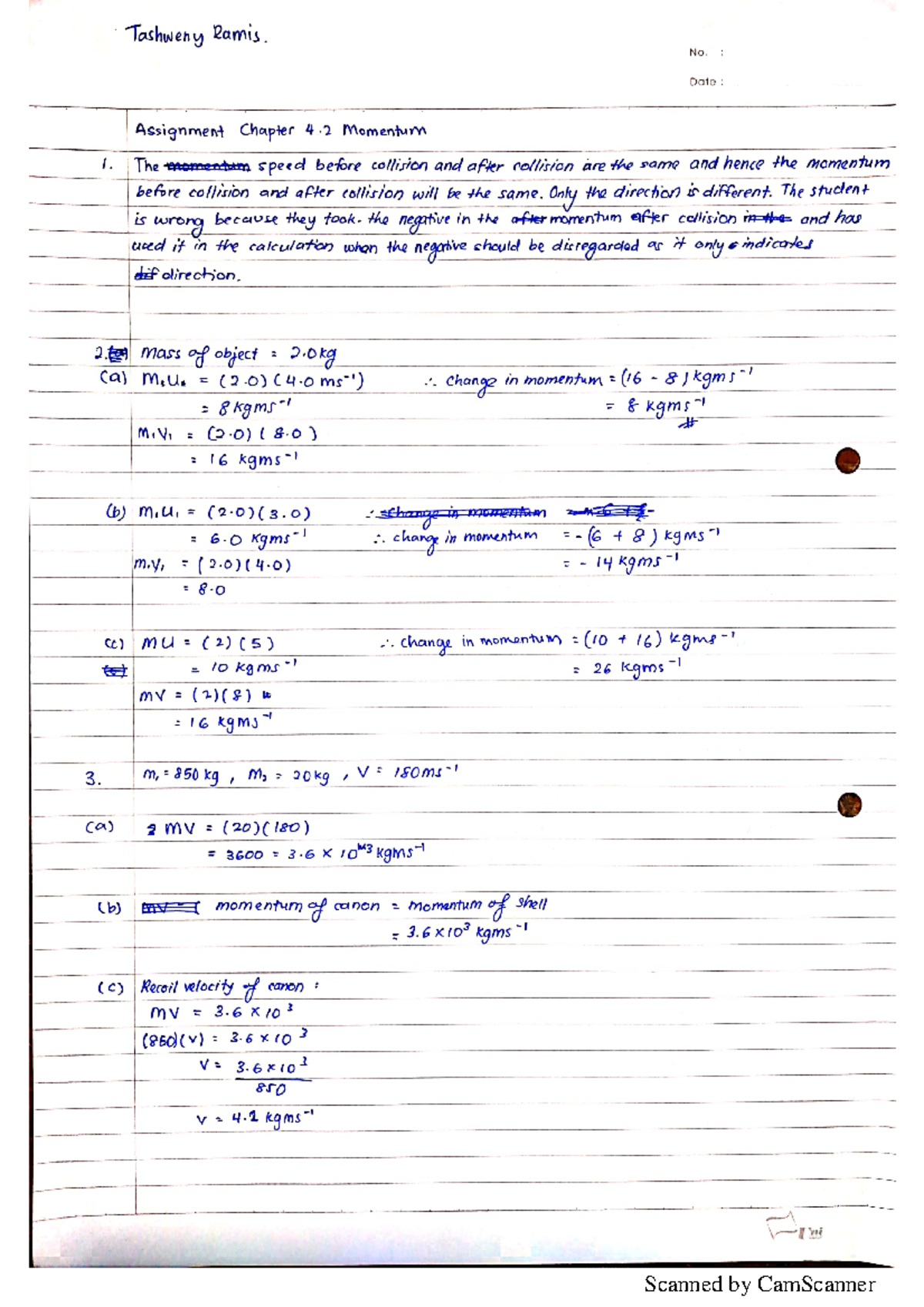 Assignment chapter 4.2 momentum - Physics A-LEVEL - Scanned by ...