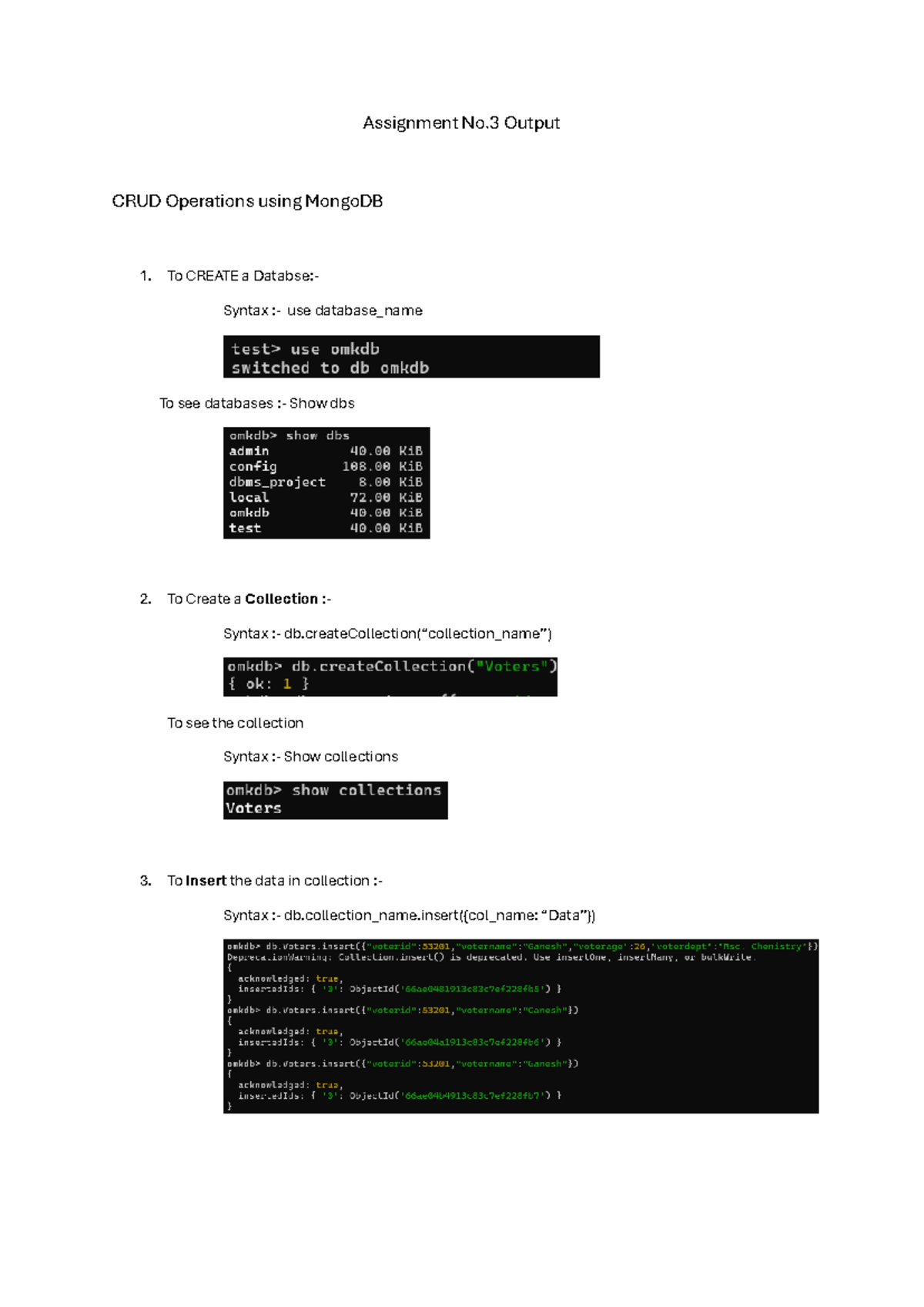 Assignment No 3 - collection_name({col_name: “Data”}) To insert ...