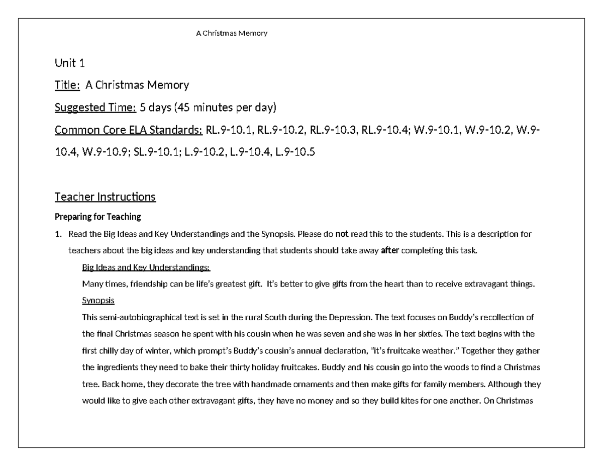9. A Christmas Memory. lesson - Story - Unit 1 Title: A Christmas ...