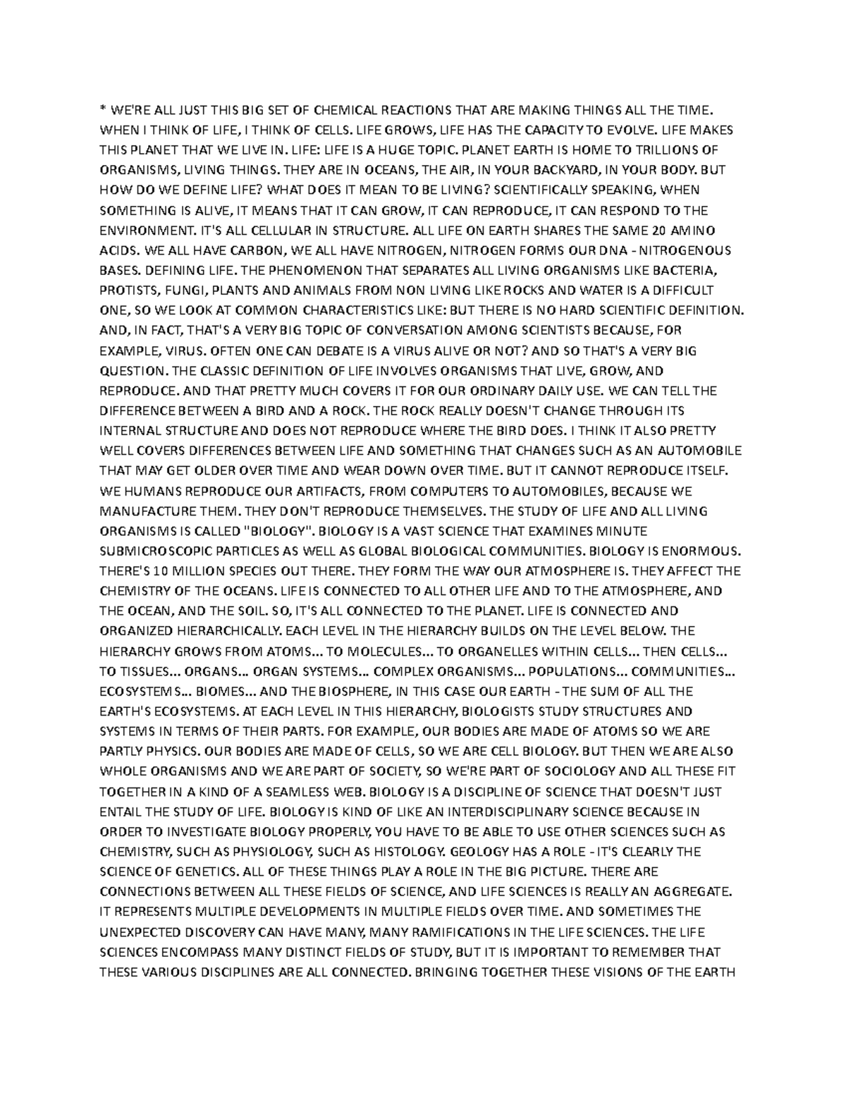 BIO 1100 UNIT 1 Transcript - * WE'RE ALL JUST THIS BIG SET OF CHEMICAL REACTIONS THAT ARE MAKING ...