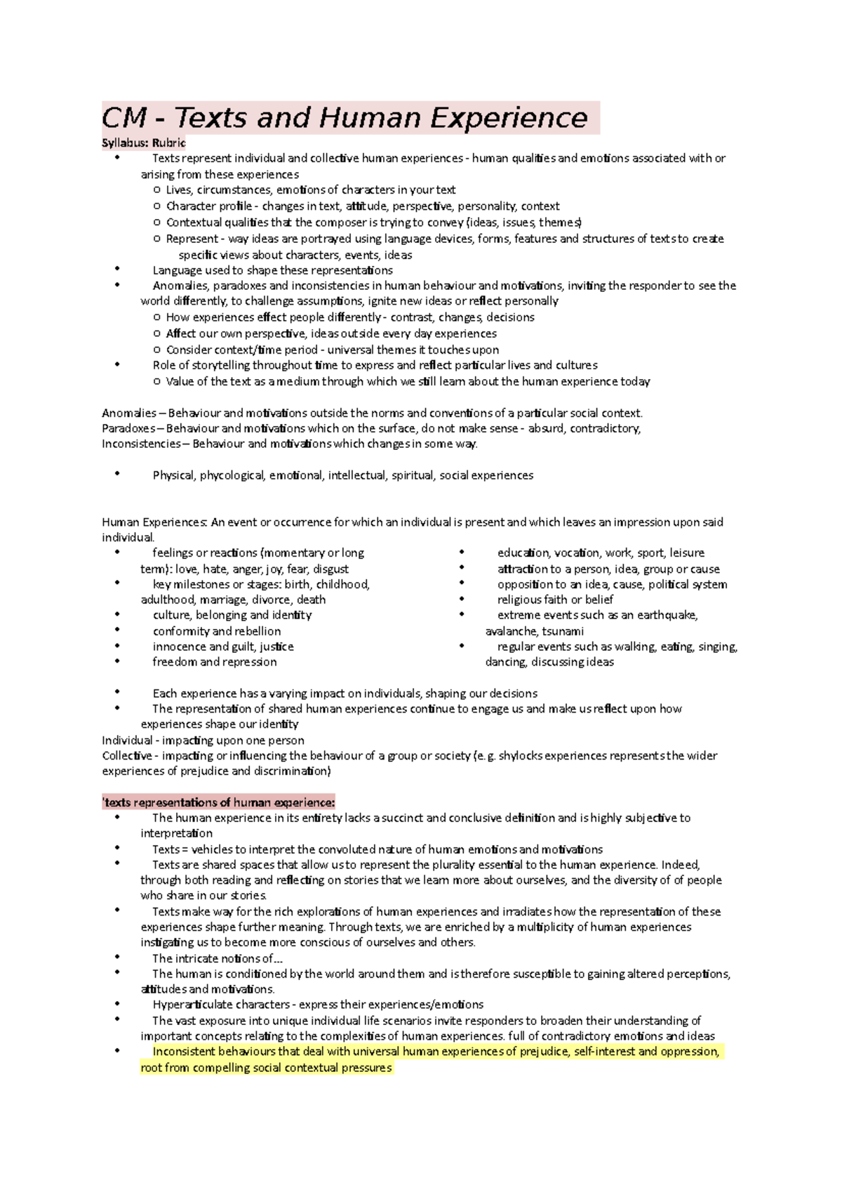 Common module - texts and human experience - Studocu