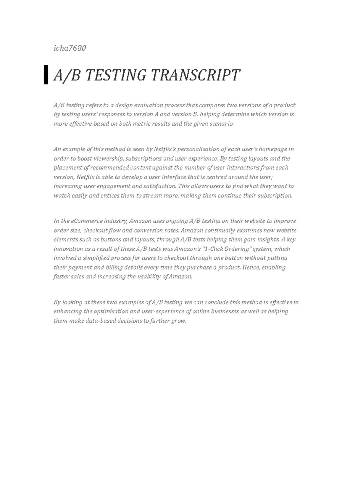 DECO1006 A1 transcipt icha7680 - icha A/B TESTING TRANSCRIPT A/B ...