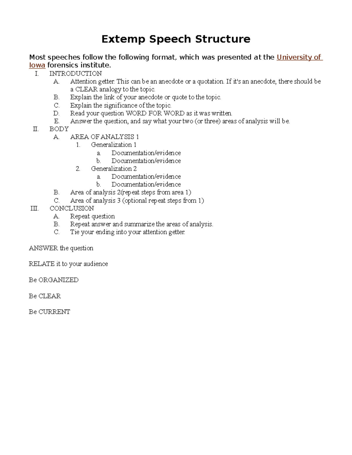 Extemp Speech Structure - I. INTRODUCTION A. Attention getter. This can ...