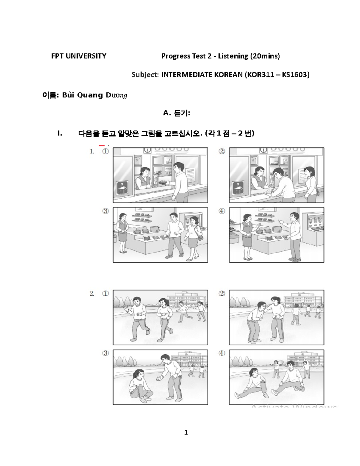 Kor 31103 Progress Test 2 - Korean - FPT UNIVERSITY Progress Test 2 ...
