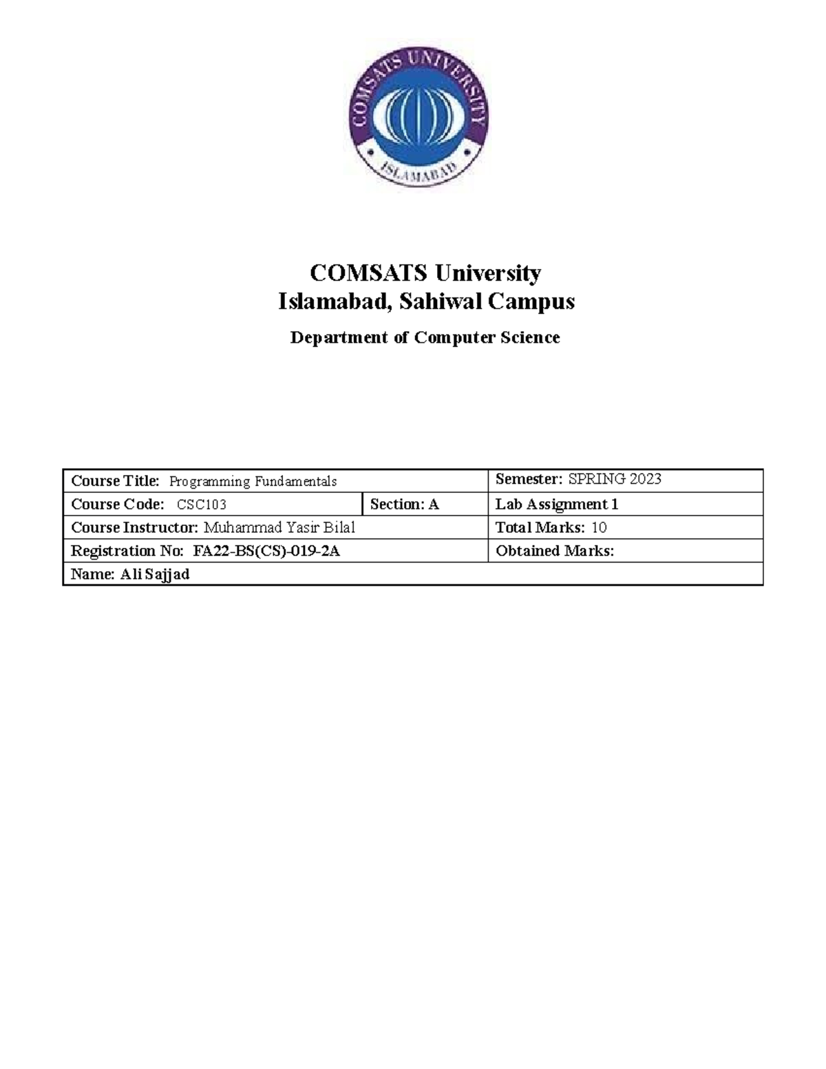PF- Assignment-01 - COMSATS University Islamabad, Sahiwal Campus Department of Computer Science ...