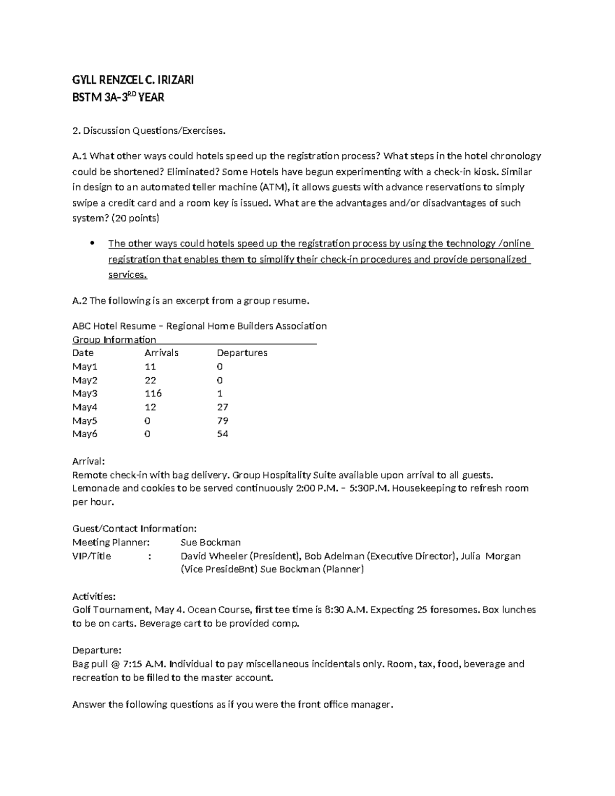 2. Exercises Front Office Operations - GYLL RENZCEL C. IRIZARI BSTM 3A ...