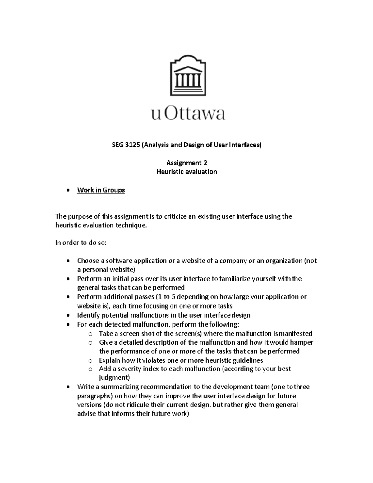 SEG3125 Assignment 2 - SEG 3125 (Analysis and Design of User Interfaces) Assignment 2 Heuristic ...