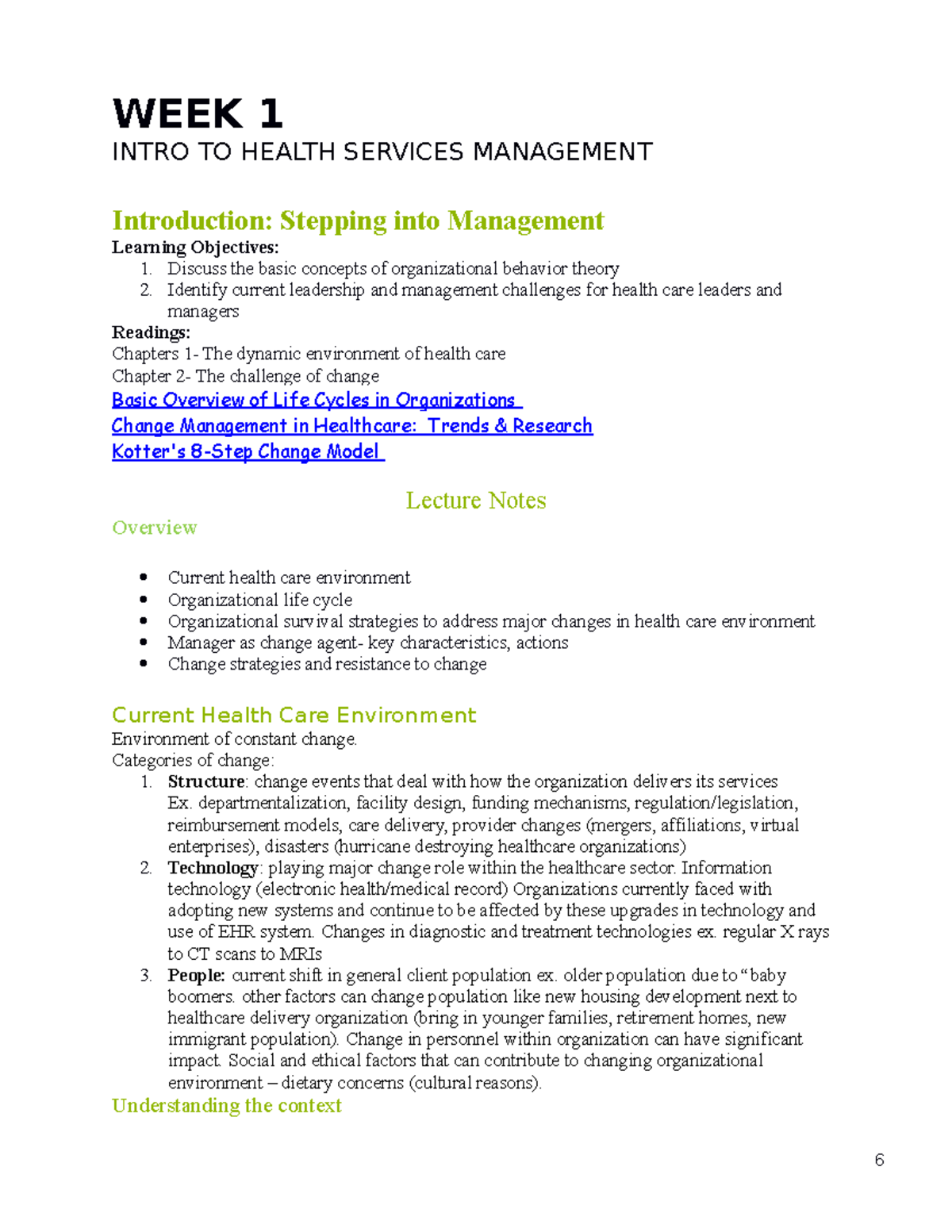 Health management midterm notes - 6 WEEK 1 INTRO TO HEALTH SERVICES ...