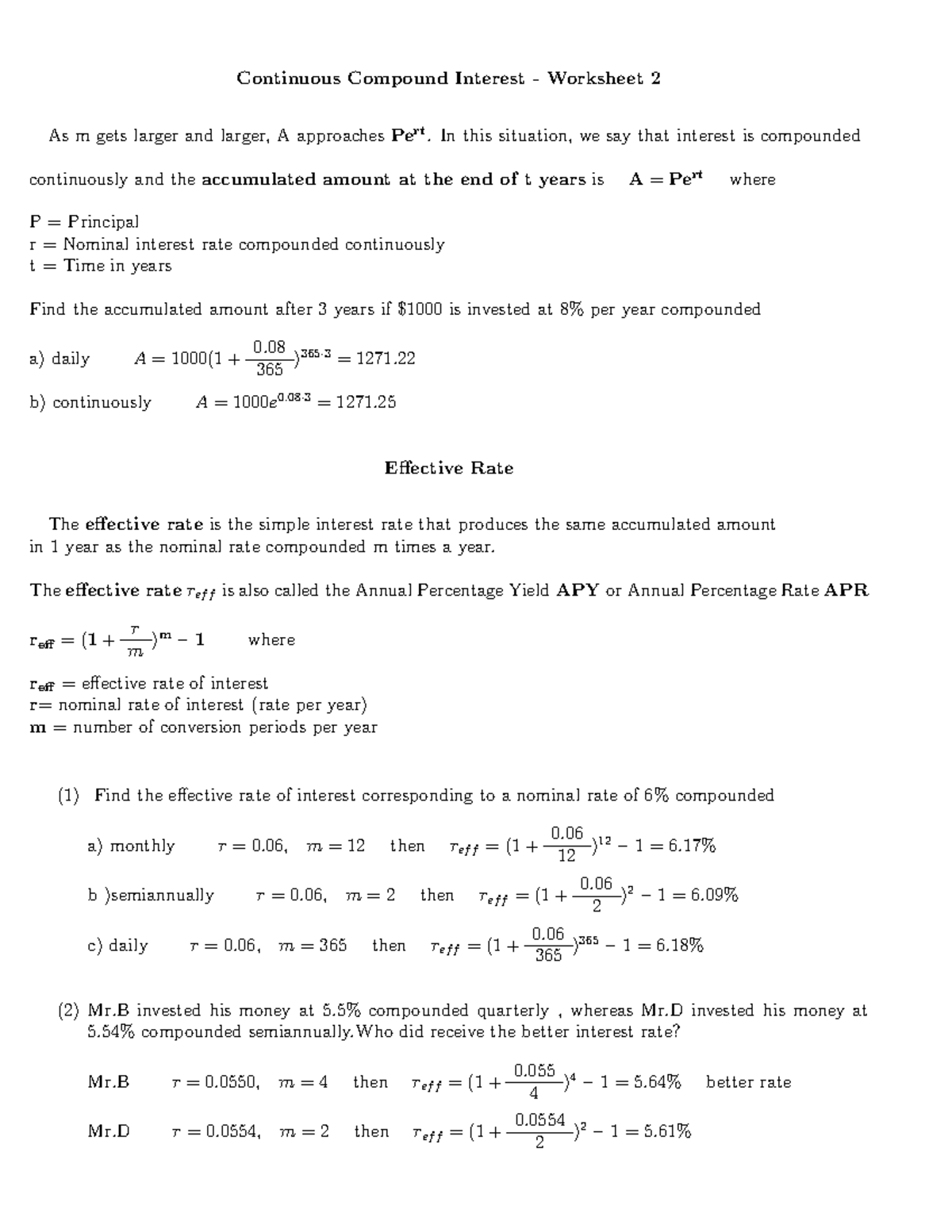 Finite - Worksheet 2 - Effective Rate. Continuous Compound Interest ...