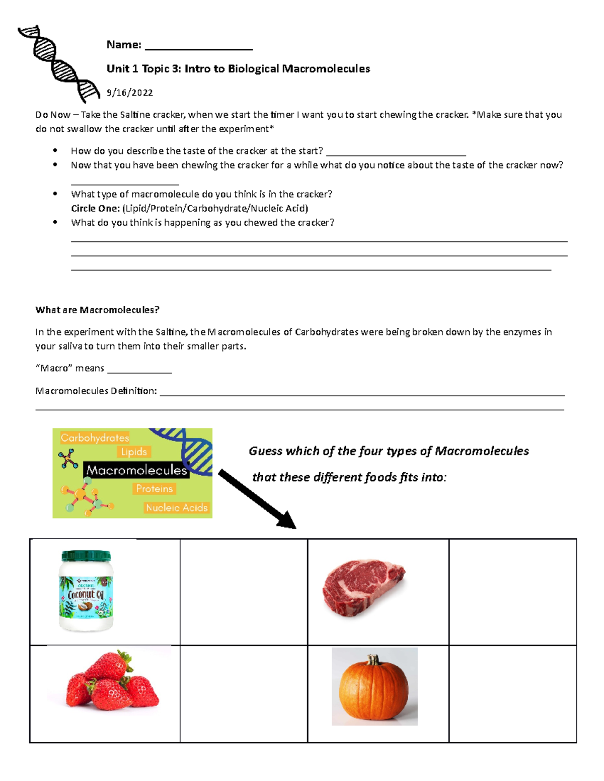 Intro to Biological Macromolecules - Name: _________________ Unit 1 ...