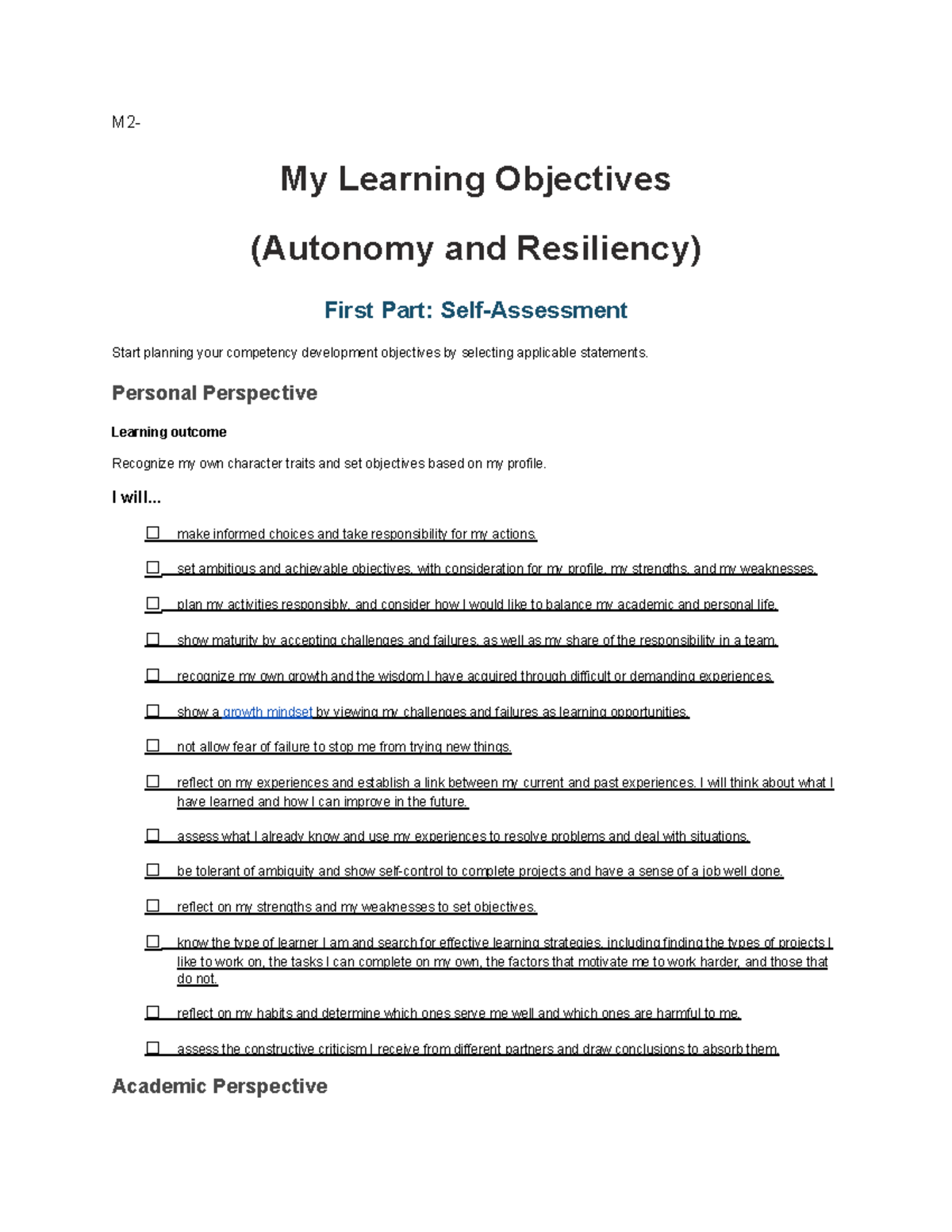 M2 -> Autonomy and Resiliency - M2- My Learning Objectives (Autonomy ...