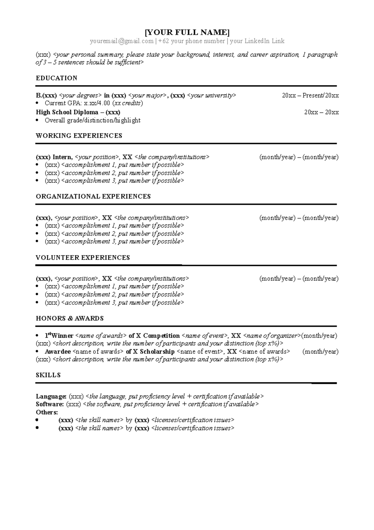 Template CV - Yyyyvf - [YOUR FULL NAME] youremail@gmail | +62 your ...