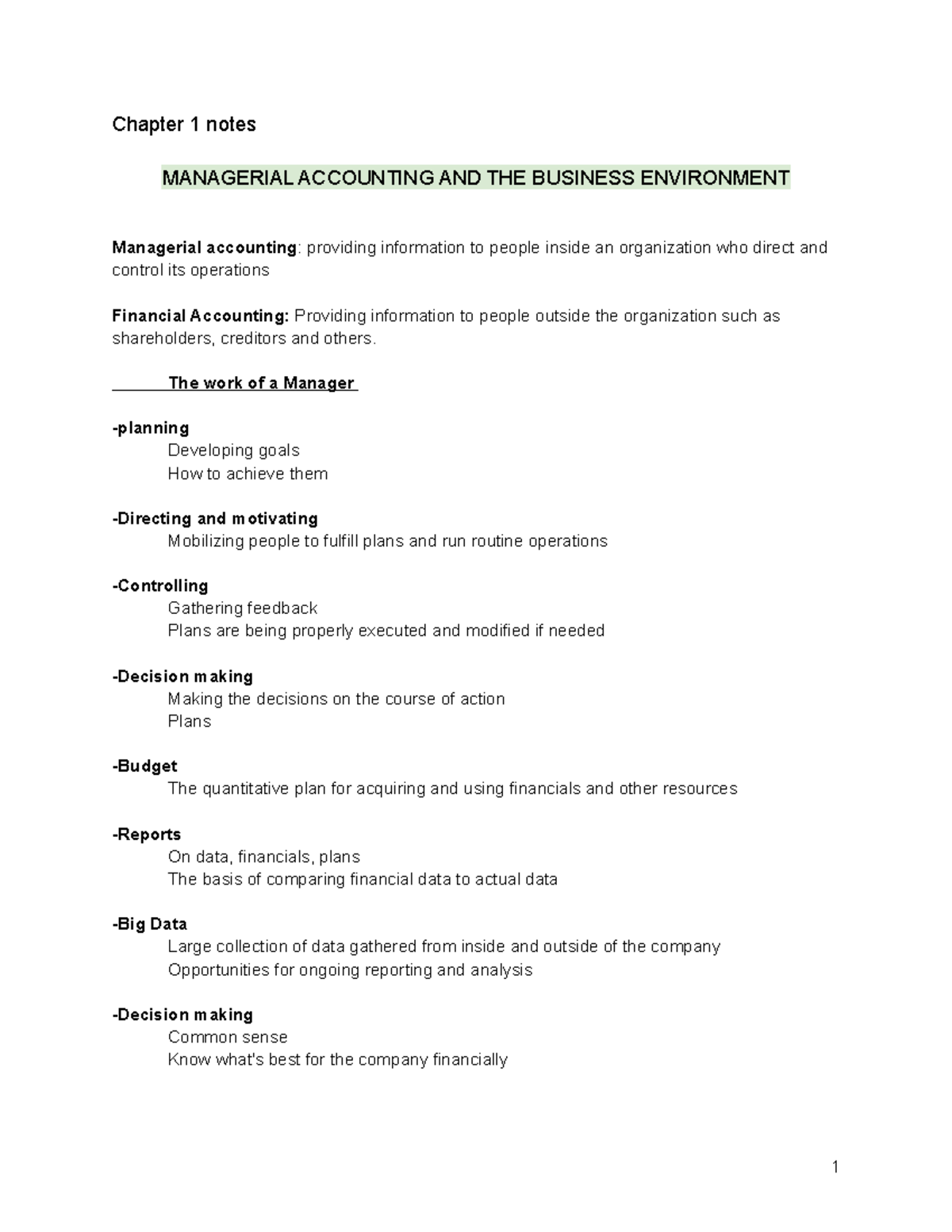 Accounting notes - Chapter 1 notes MANAGERIAL ACCOUNTING AND THE ...