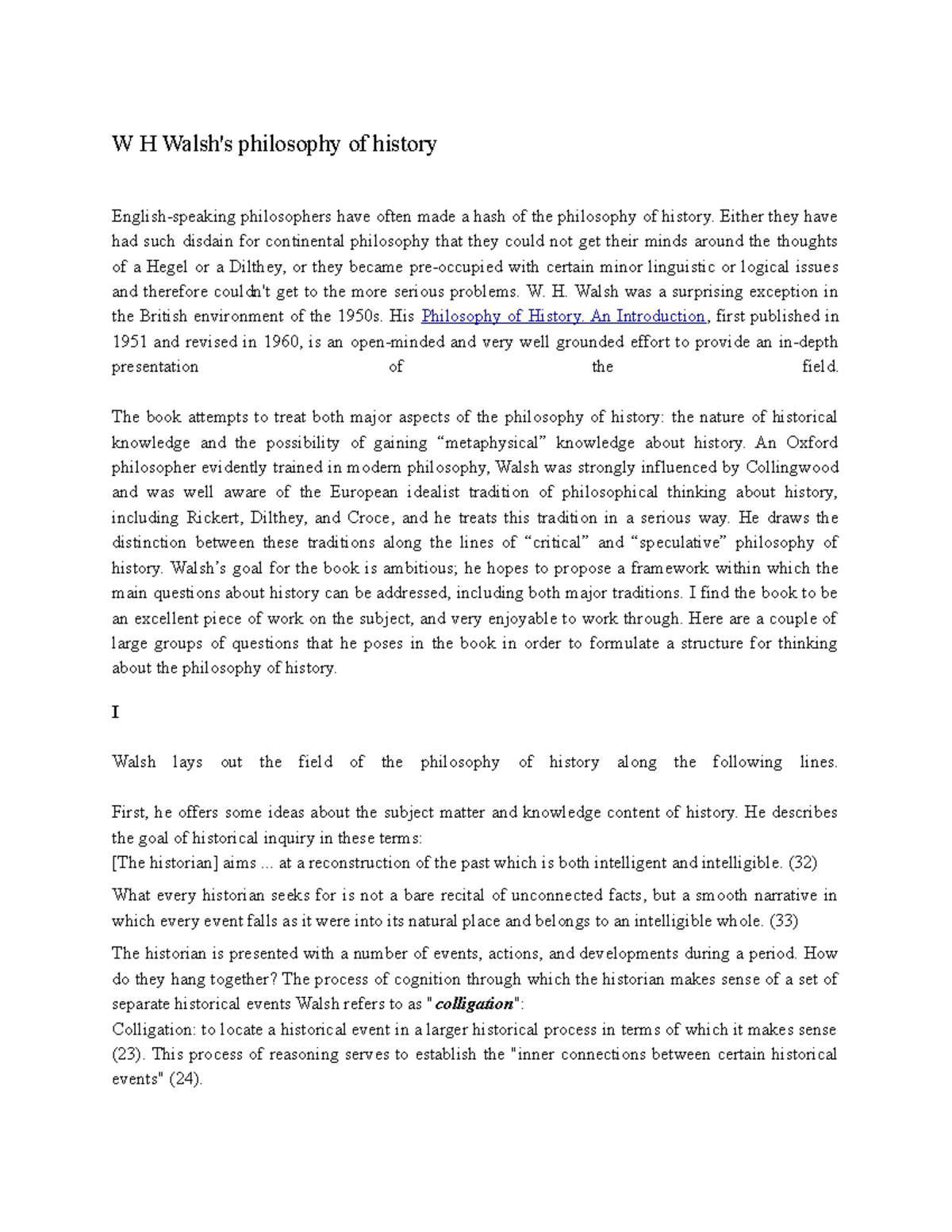 W H Walsh on philosophy of history - W H Walsh's philosophy of history ...