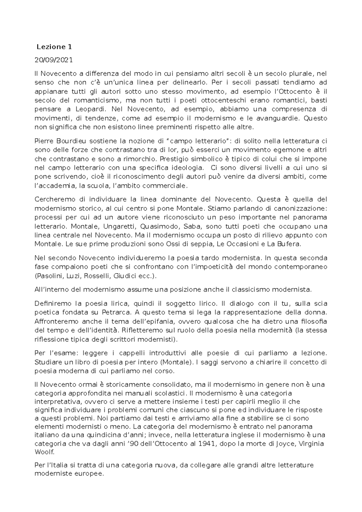 Lezione 1 - appunti di lezioni di letteratura italiana 900 - Lezione 1 20/09/ Il Novecento a ...