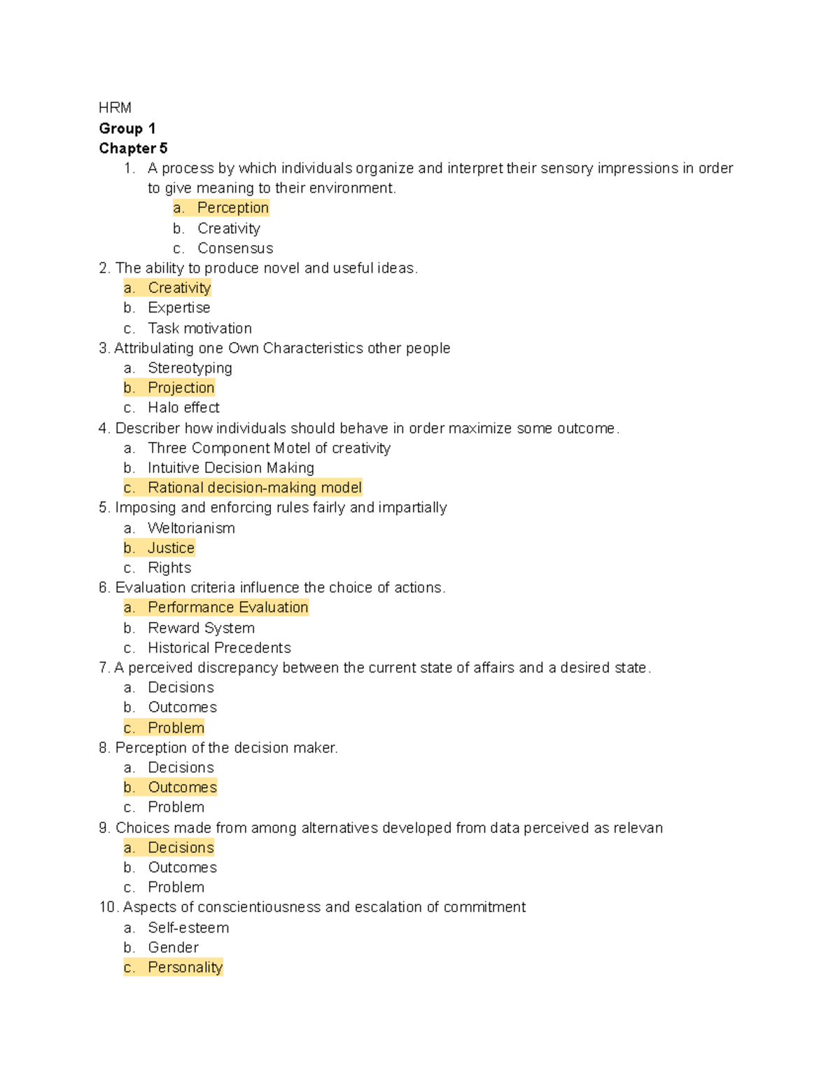 HRM questionnaire - Sample questions with answers - HRM Group 1 Chapter ...