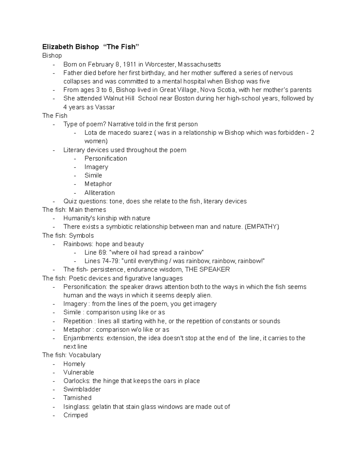 Elizabeth Bishop “The Fish” - Elizabeth Bishop “The Fish” Bishop - Born ...