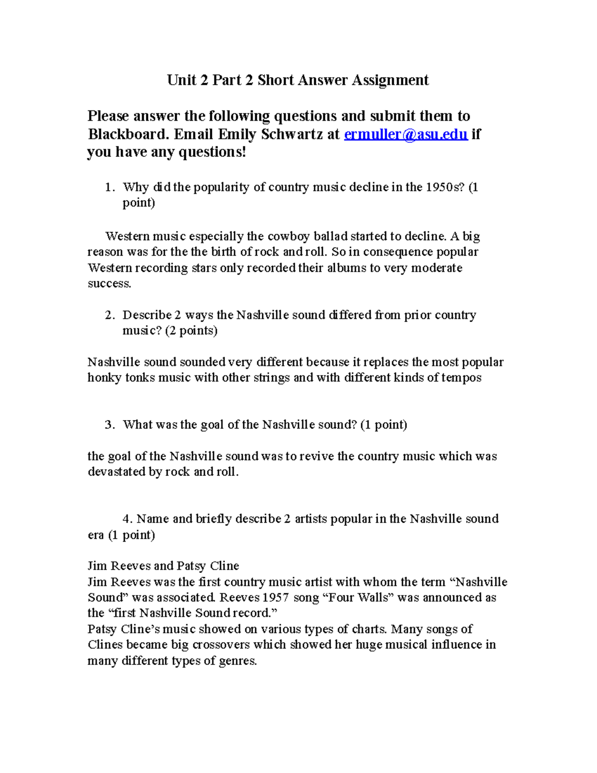 1 country msuic Unit 2 Part 2 Assignment - Unit 2 Part 2 Short Answer Assignment Please answer ...