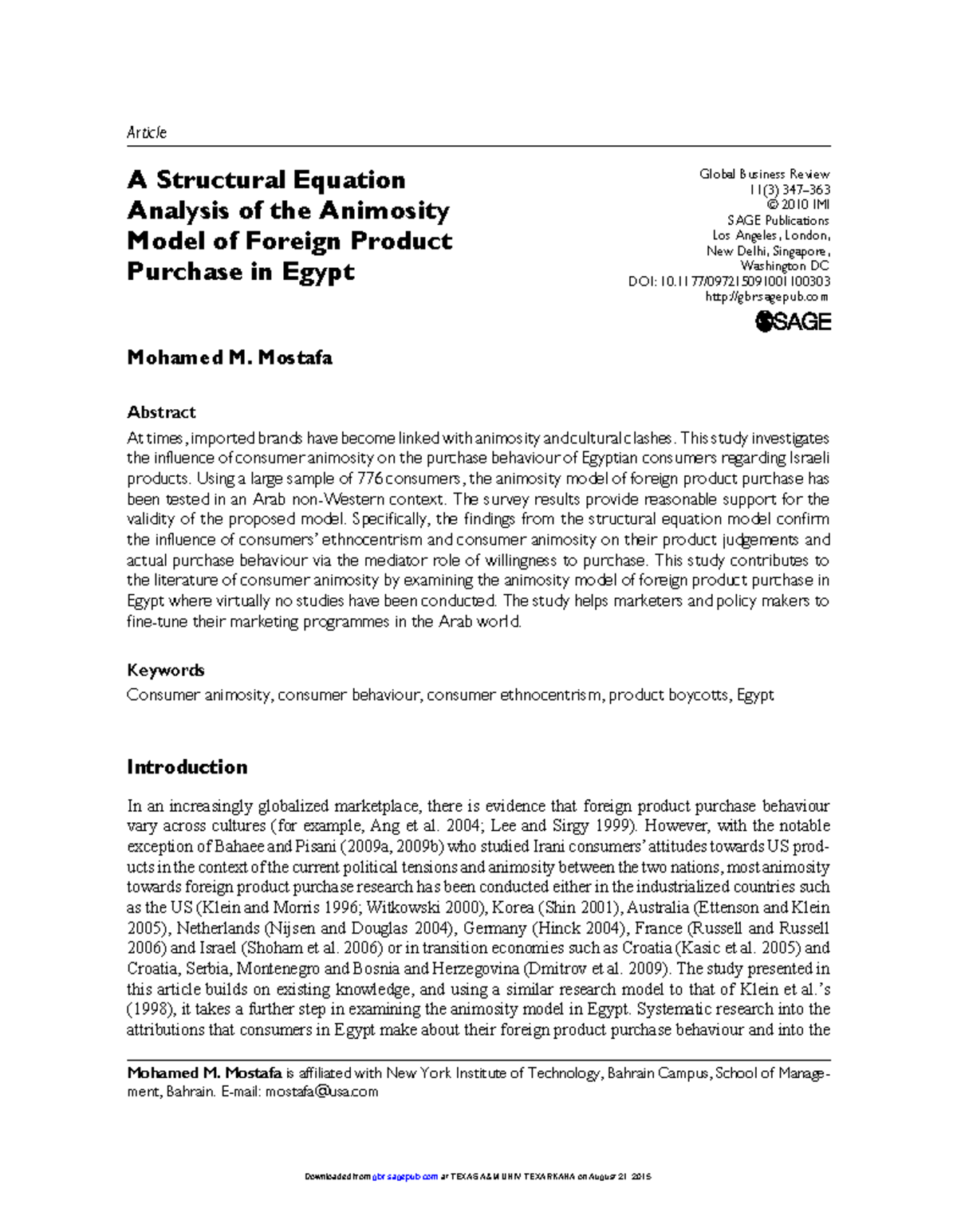 A Structural Equation Analysis of the Animosity Model of Foreign ...