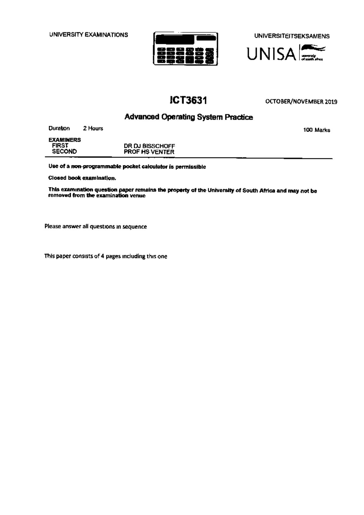 ICT3631 2019 10 E 1 - past exam - 98806 - Studocu