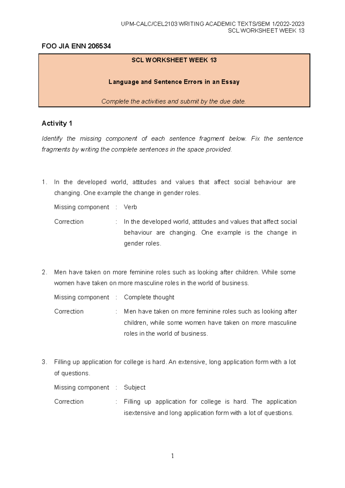 SCL 13-FOO JIA ENN (206534) - SCL WORKSHEET WEEK 13 FOO JIA ENN 206534 ...