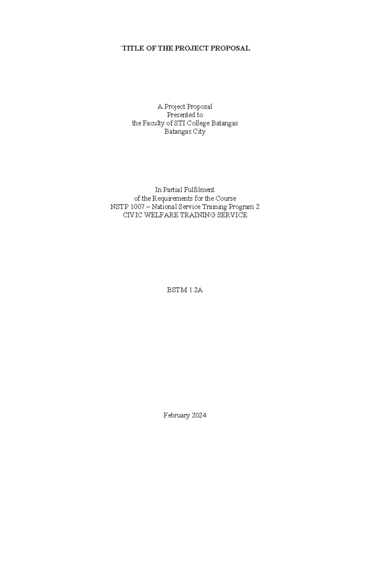 Sample Format NSTP Project Proposal Second Semester v - `TITLE OF THE ...