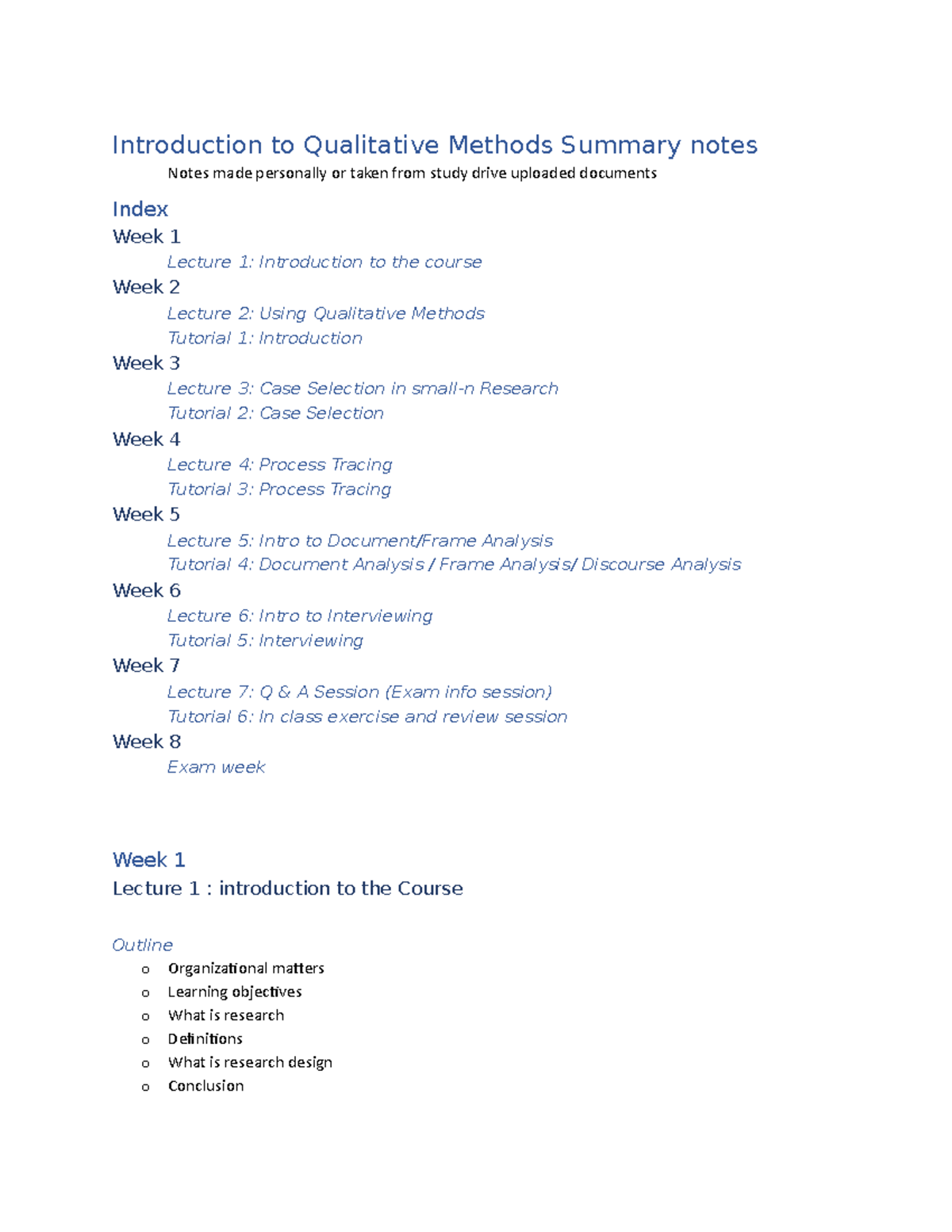 Introduction to Qualitative Methods Summary notes - .. o The starting ...