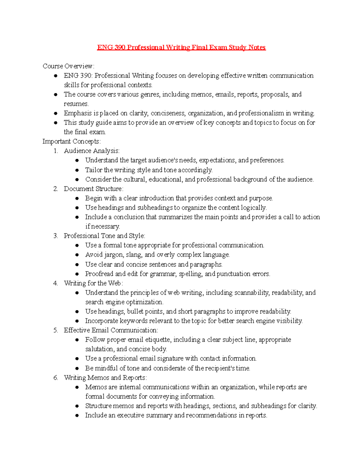 ENG 390 Professional Writing Final Exam Study Notes - The course covers ...