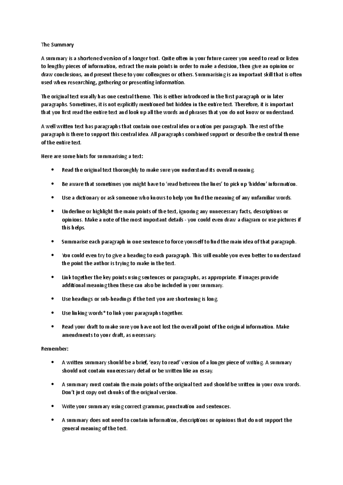 The Summary 2 Opdrachten Business English The Summary A Summary Is