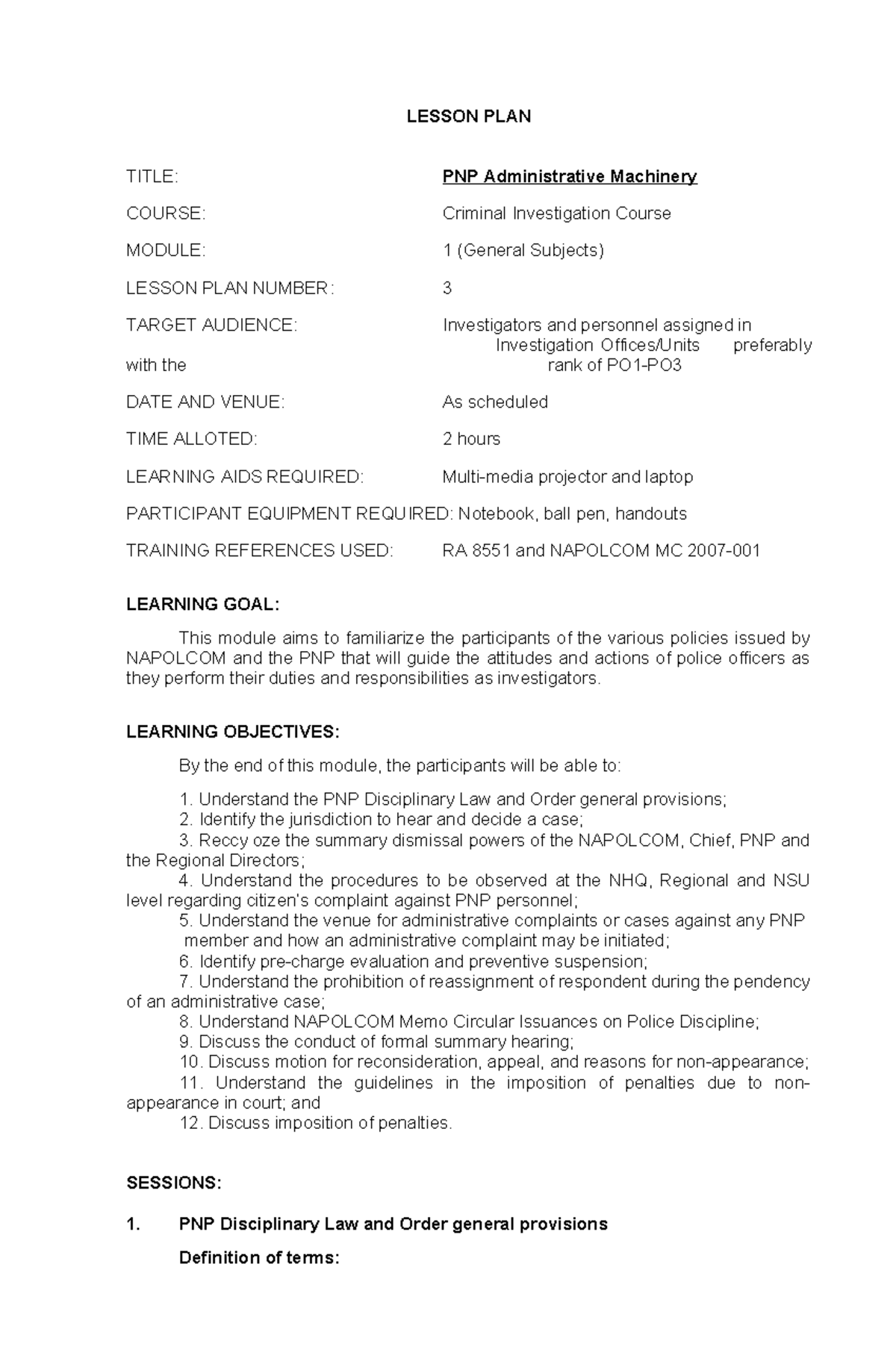3. Lesson Plan PNP Administrative Machinery - LESSON PLAN TITLE: PNP ...
