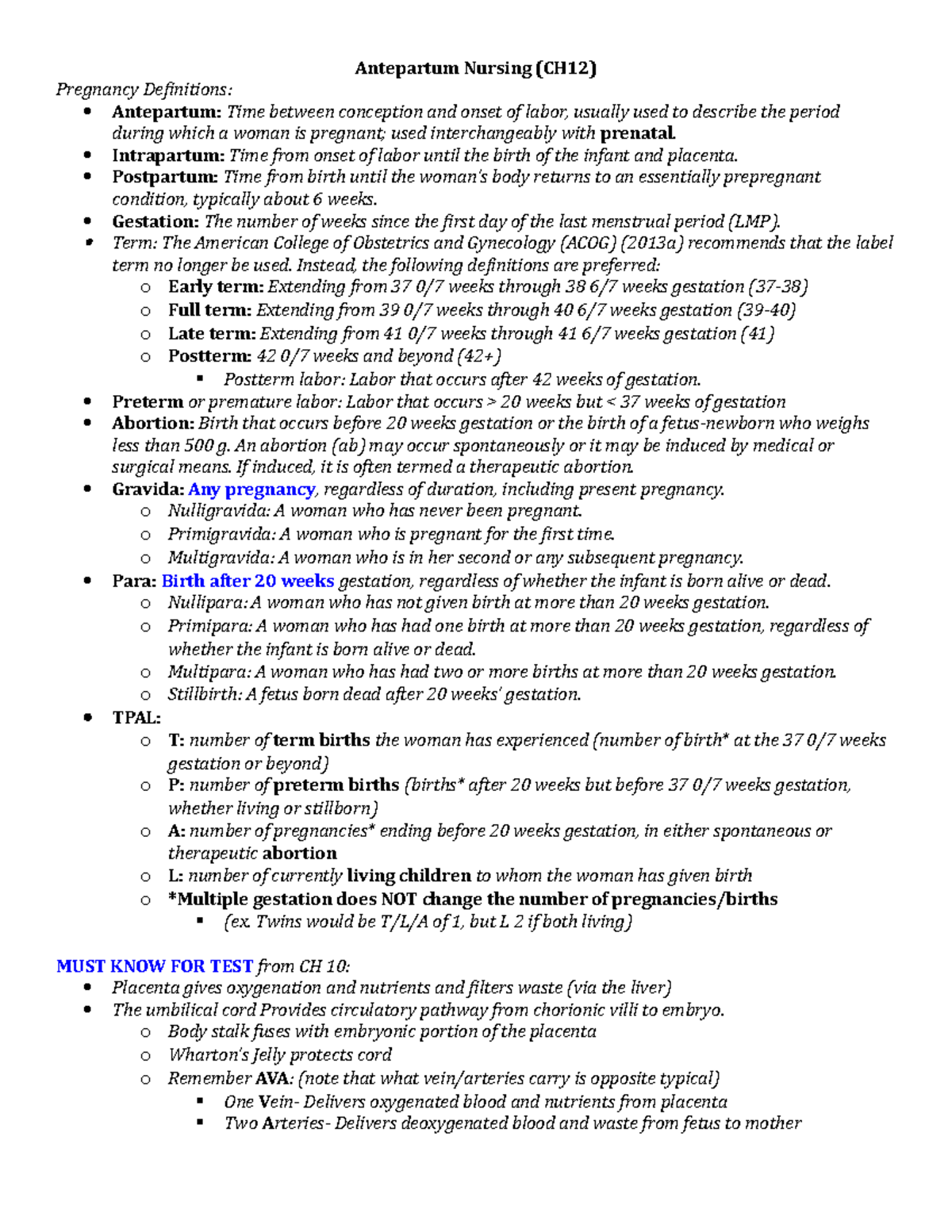 CH 12 Antepartum Nursing Notes - Antepartum Nursing (CH12) Pregnancy ...