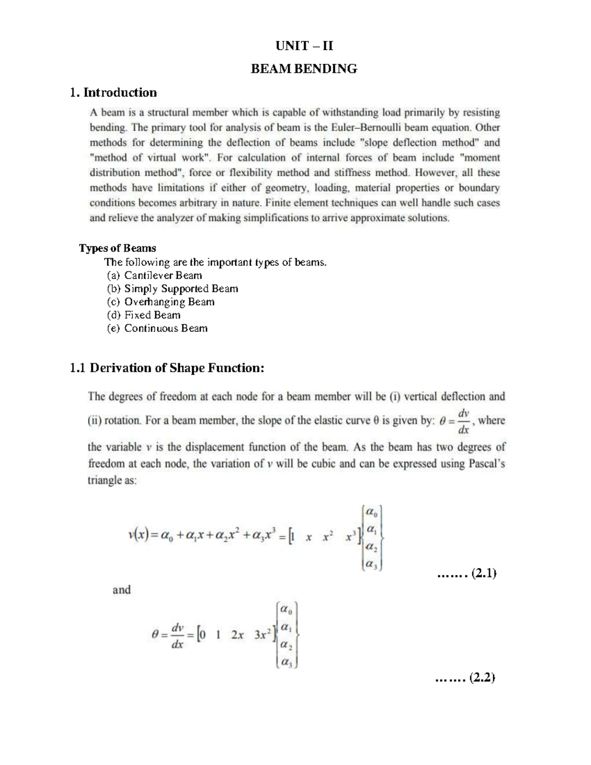 BEAM Bending notes - 1. Introduction UNIT – II BEAM BENDING Types of ...