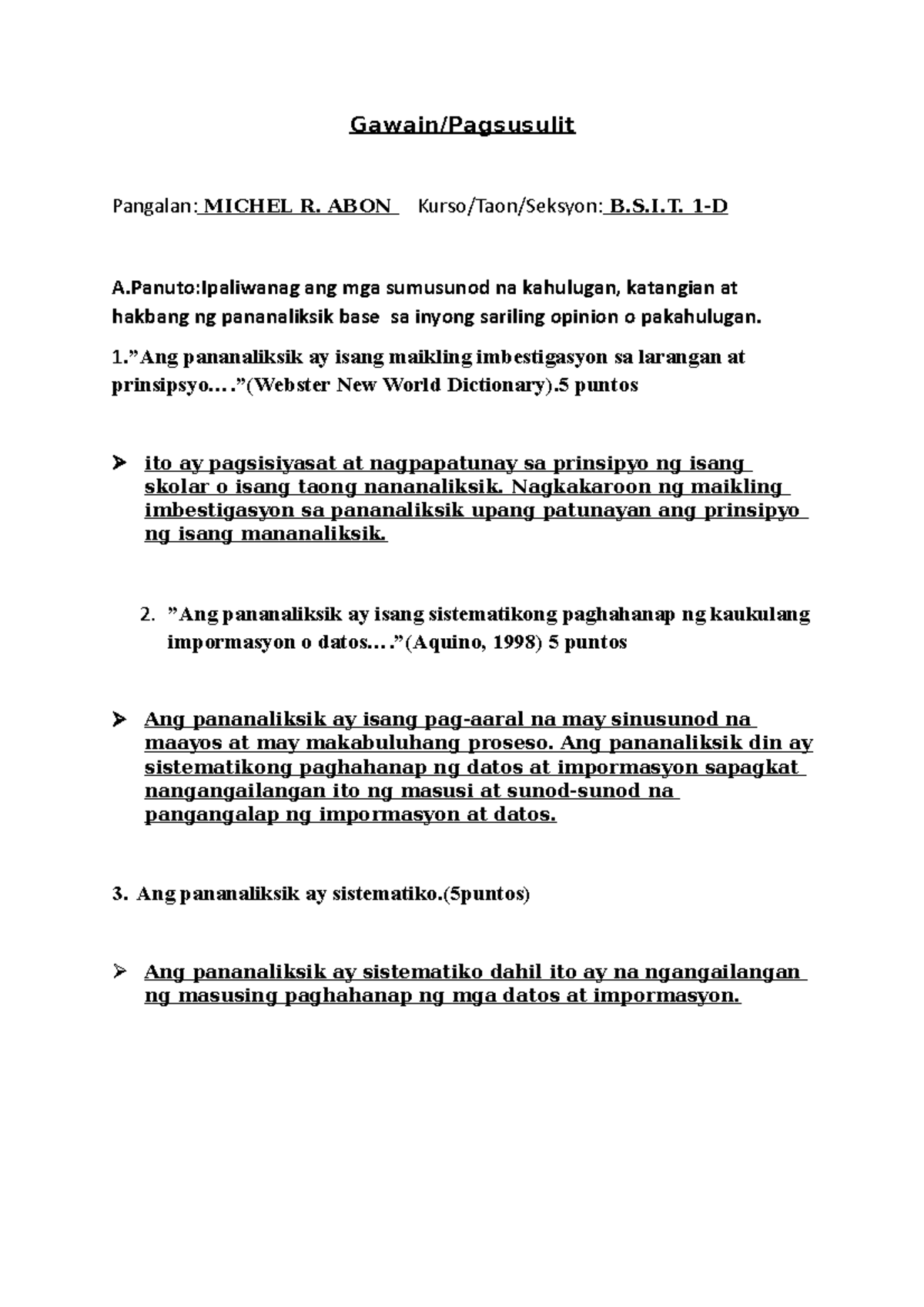 Gawain - pagsusulit fildis - Gawain/Pagsusulit Pangalan: MICHEL R. ABON ...