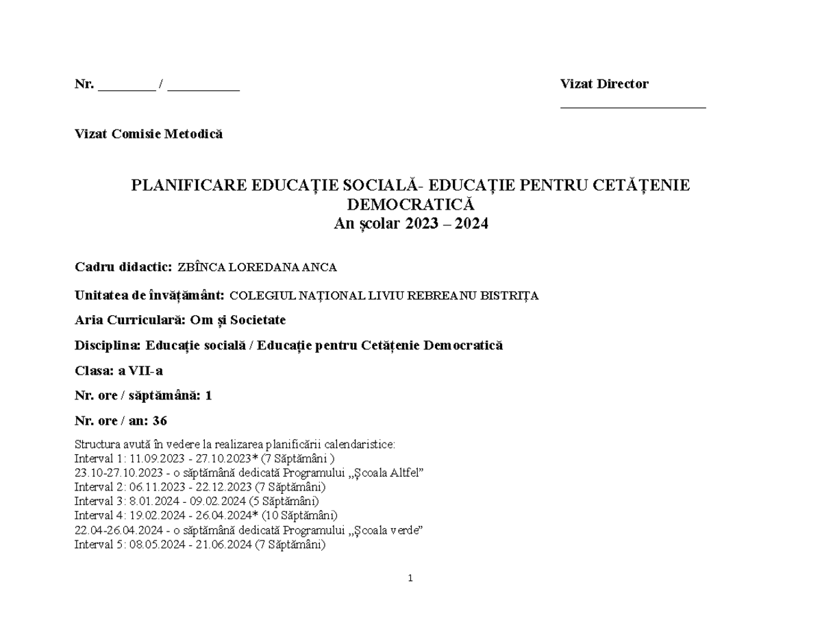 Ed.sociala VII 1 ora sapt - Nr. ________ / __________ Vizat Director