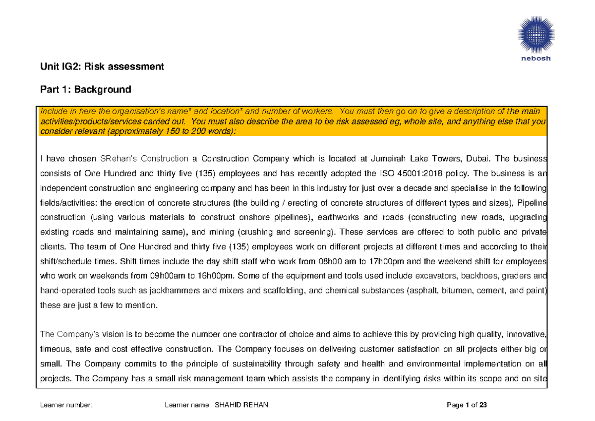 Unit IG2 Risk assessment Part 1 Backgrou - Unit IG2: Risk assessment Part 1: Background Include ...