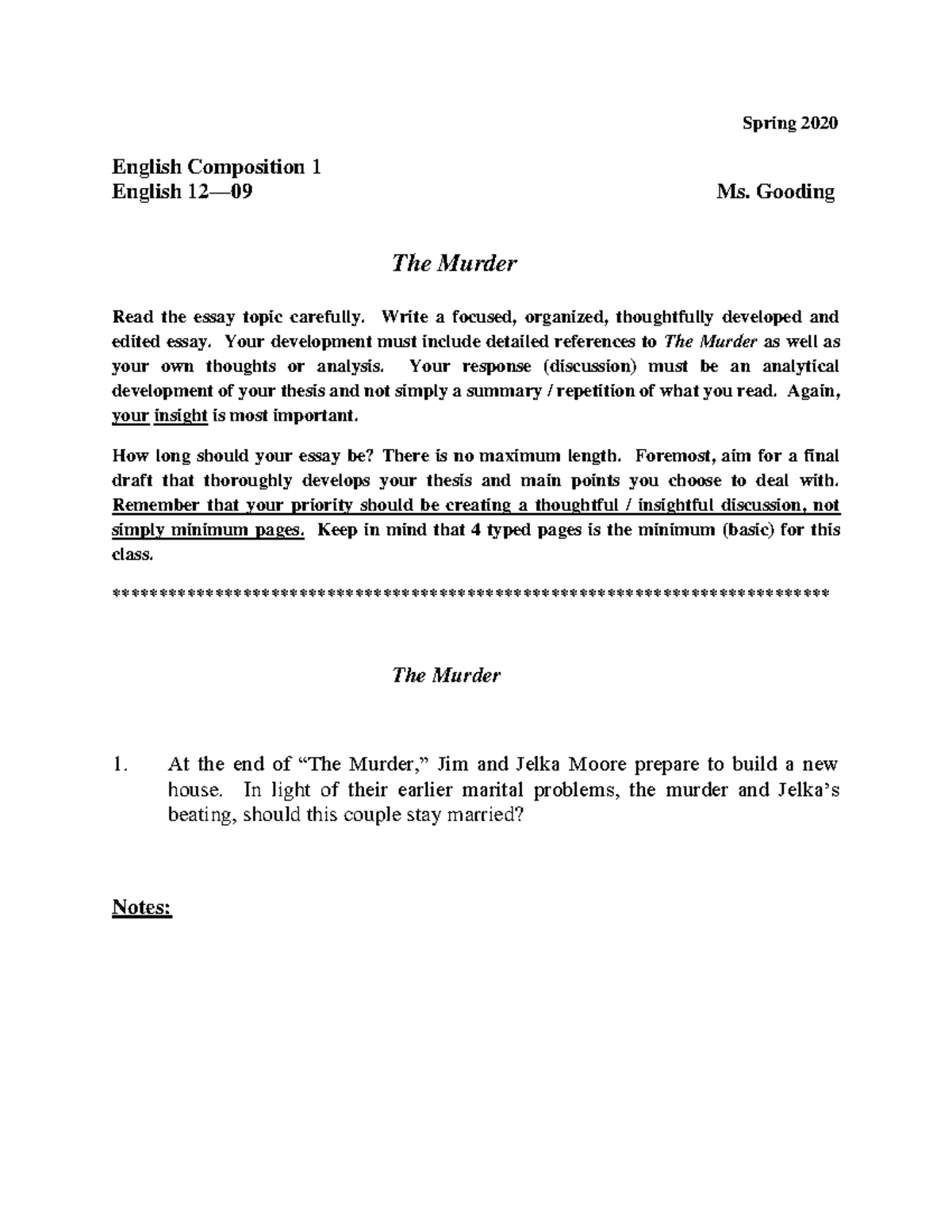 ENG 12 (The Murder) Essay Topics - Spring 2020 English Composition 1 ...