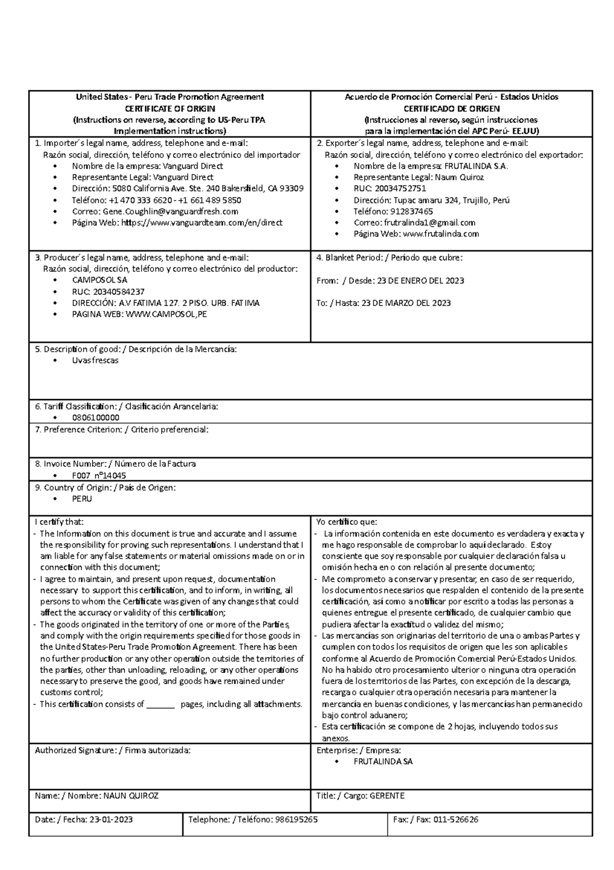 Certificado - .... - United States - Peru Trade Promotion Agreement ...