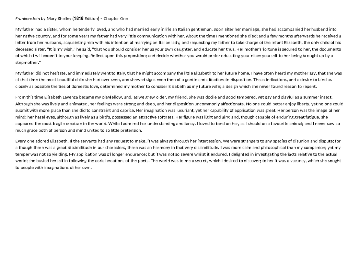 Frankenstein lesson 25 Chapter One 1818 and 1831 - Frankenstein by Mary ...